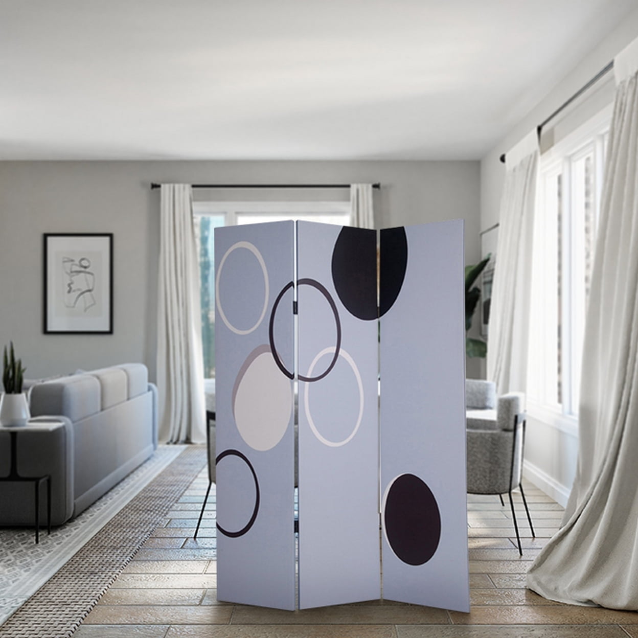 3 Panel Room Divider with Overlapping Circles Pattern, Black and Gray ...