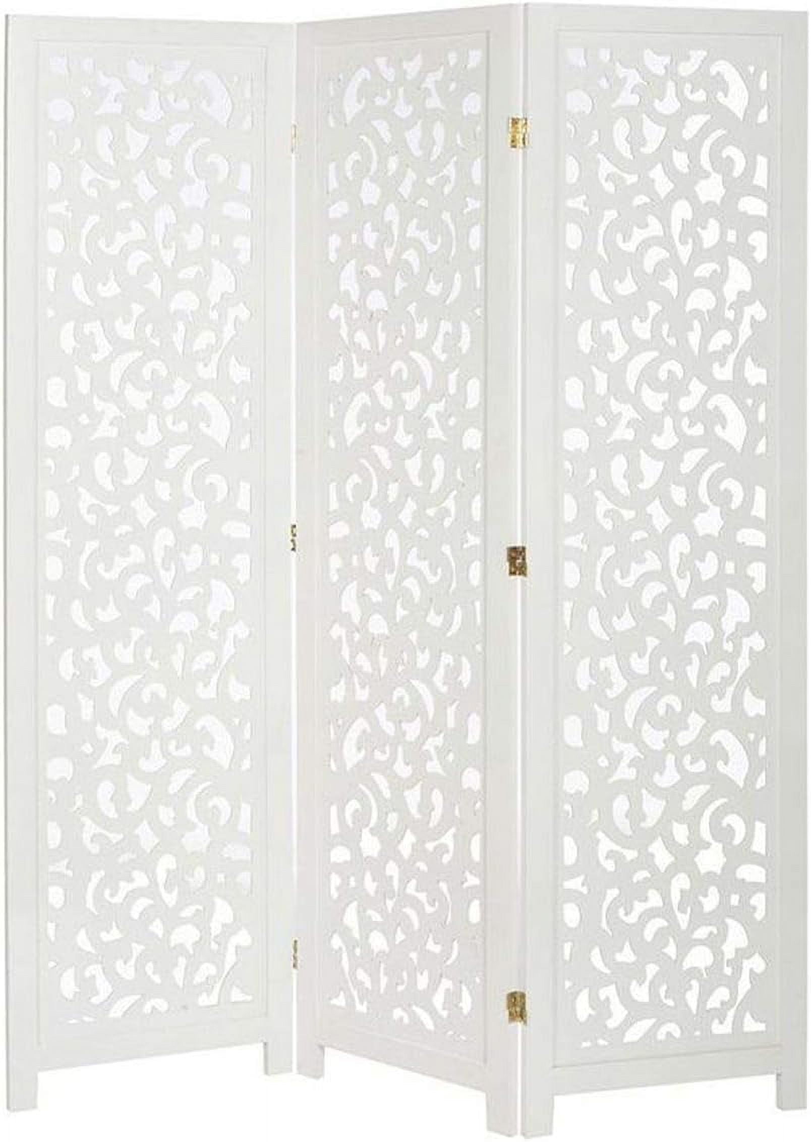 3 Panel Solid Wood Screen Room Divider, White Color with Decorative ...