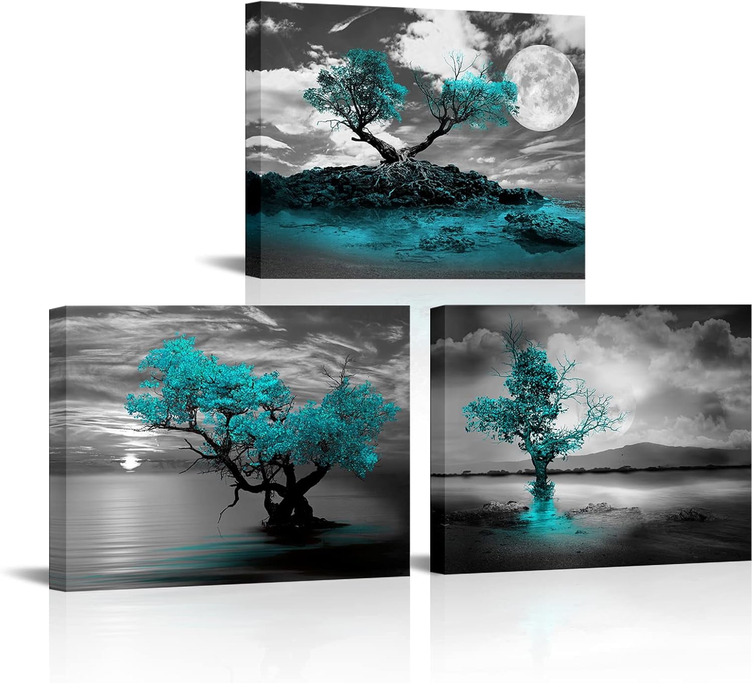 3 Panel Tree Canvas Wall Art Black and White Teal Tree with Full Moon ...