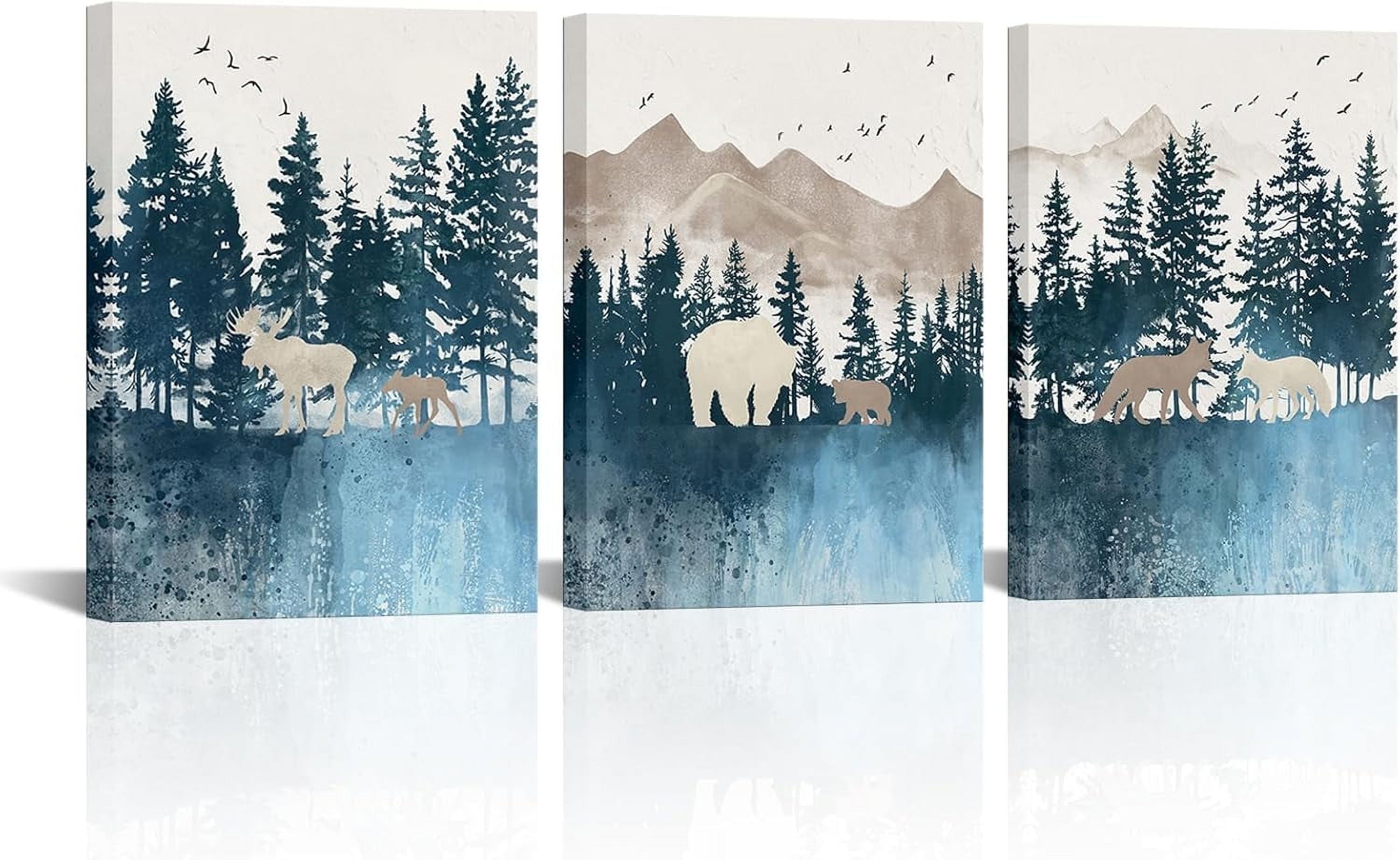 3 Panel Watercolor Mountain Landscape Wall Art Woodland Bear Deer Fox ...