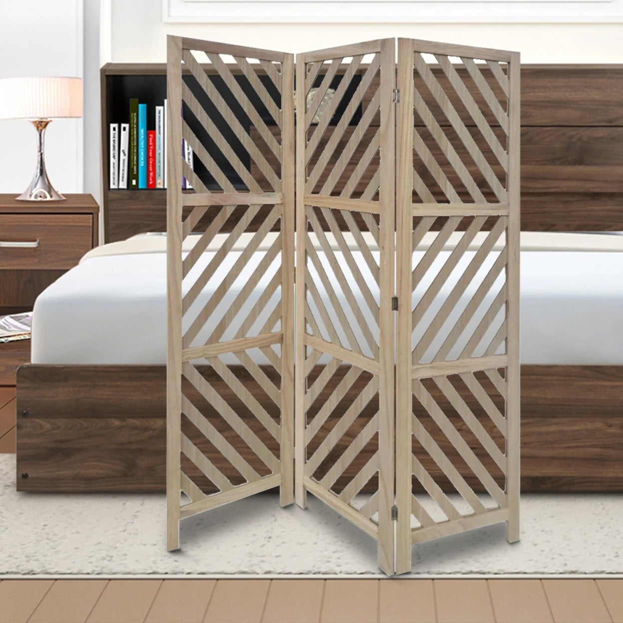 3 Panel Wooden Frame Screen with Diagonal Cut Slats, Natural Brown ...
