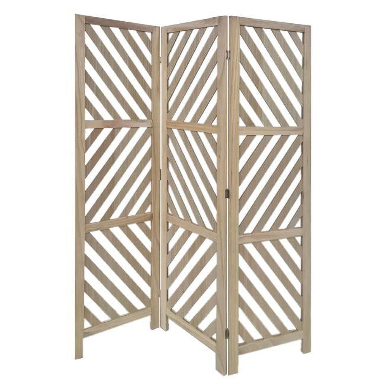 3 Panel Wooden Frame Screen with Diagonal Cut Slats, Natural Brown ...