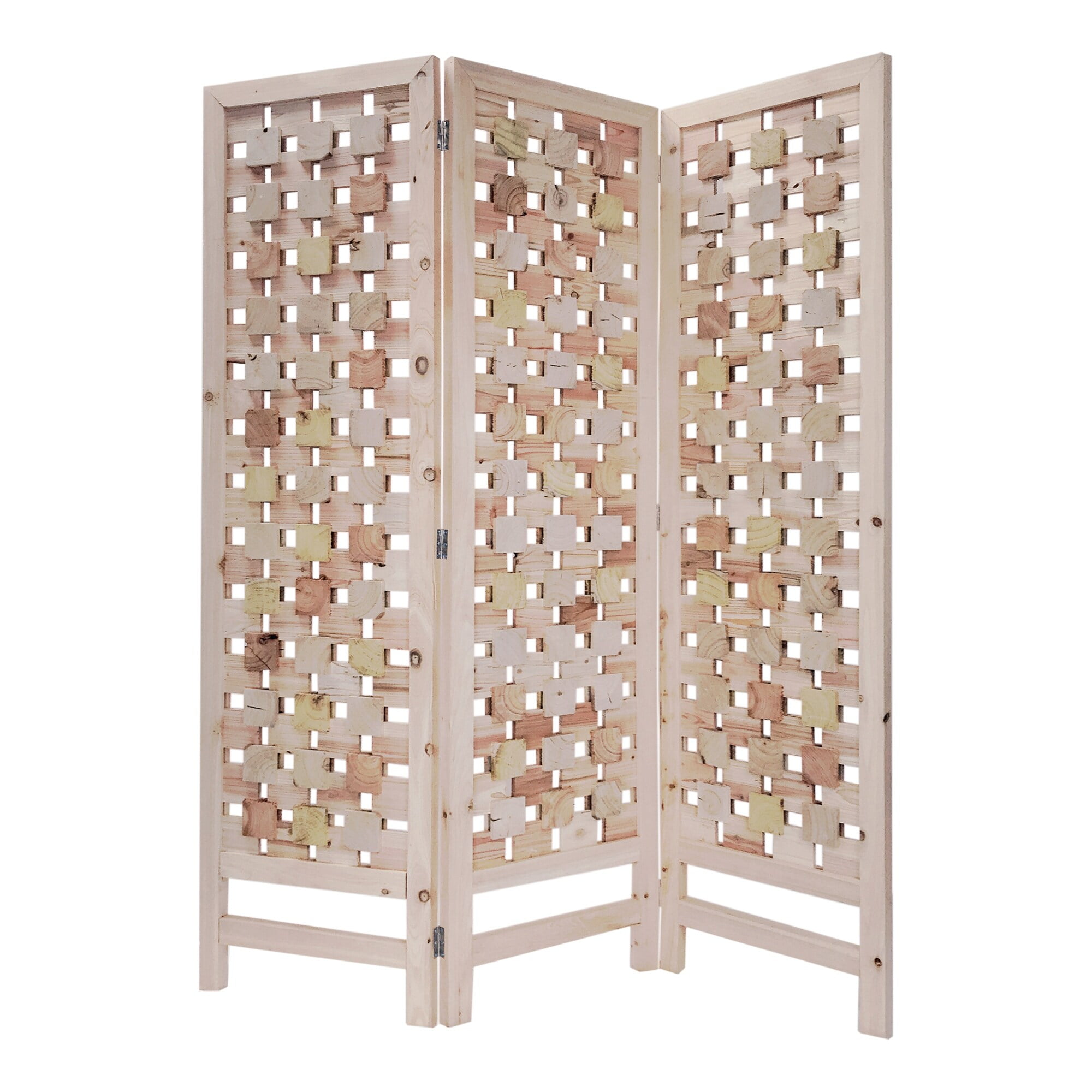 3 Panel Wooden Screen with Interspersed Square Pattern, Cream - Walmart.com