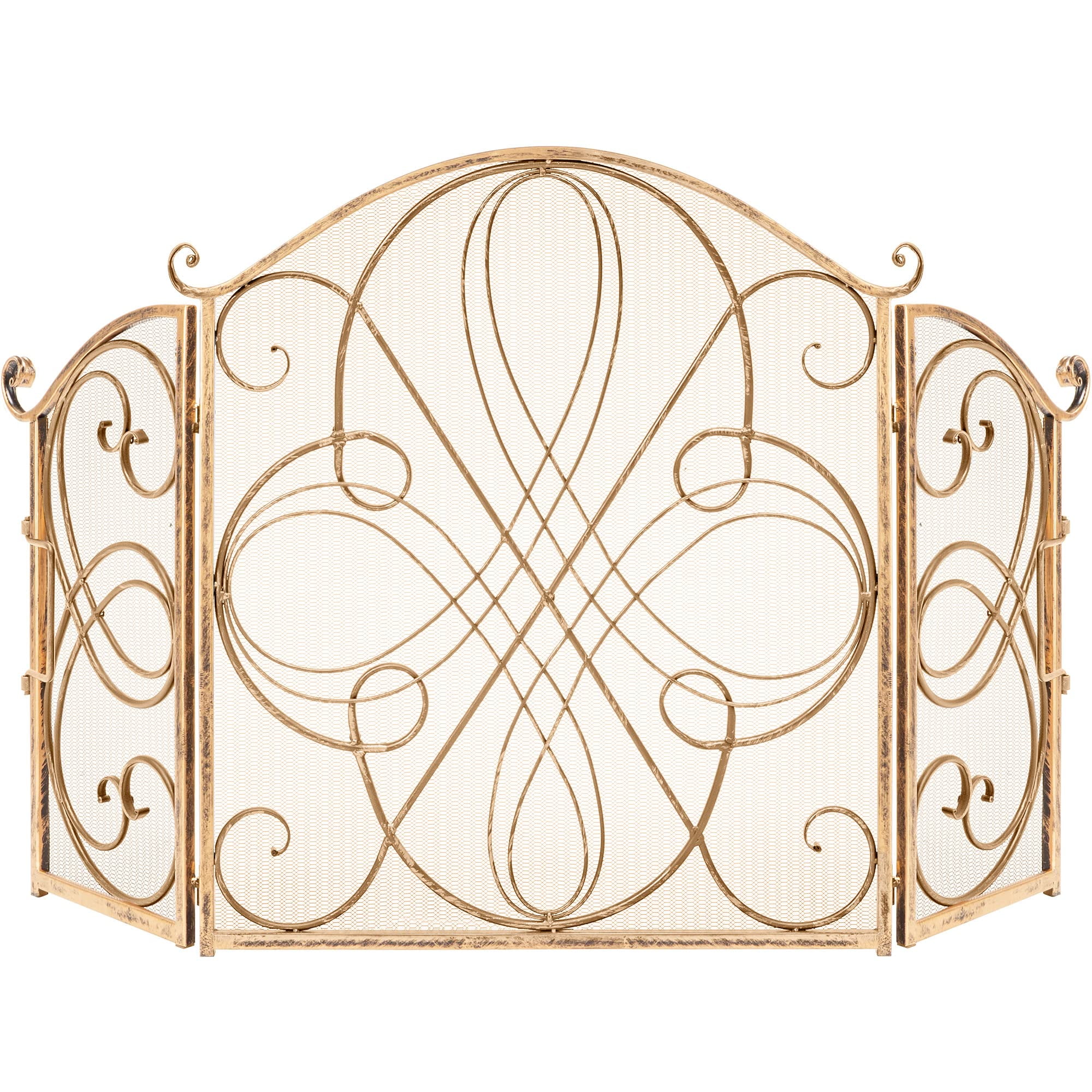 3 Panel Wrought Iron Fireplace Screen 55x33 Inches, Decorative Scroll ...