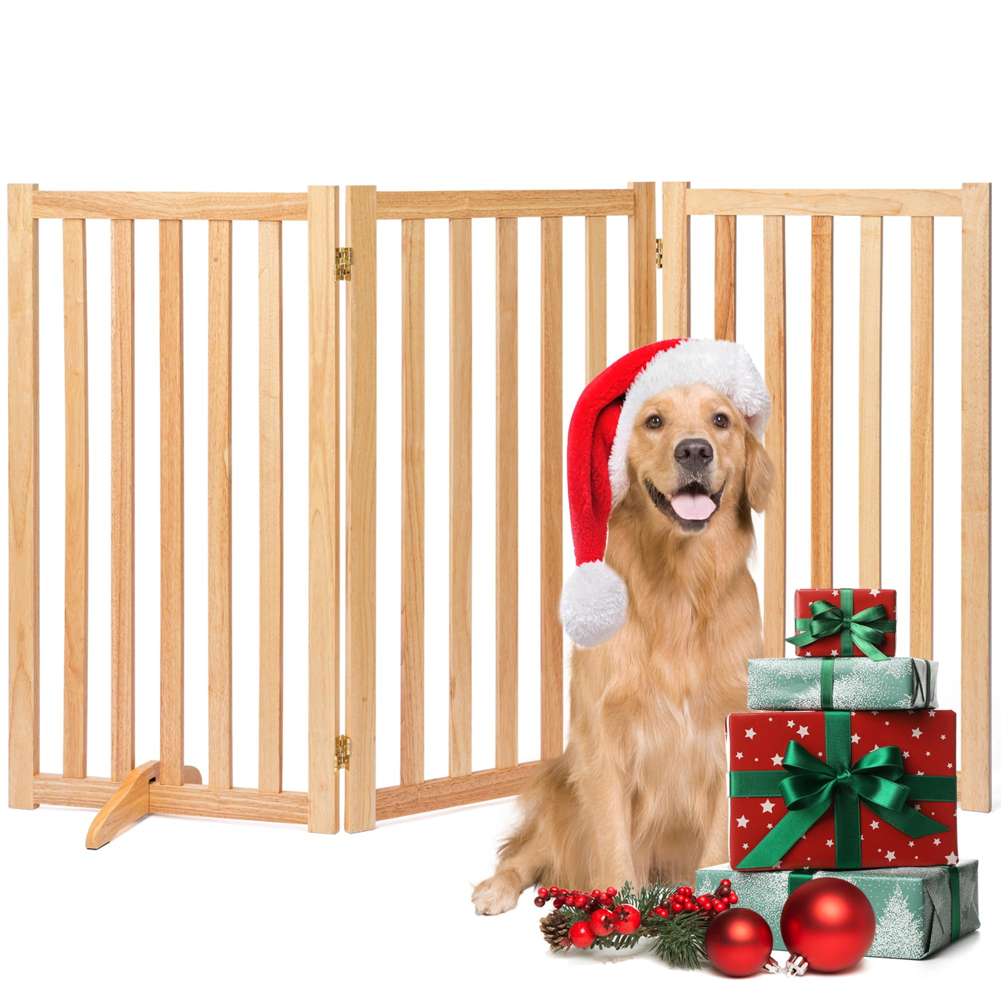 3 Panels 36" Freestanding Pet Gate, Solid Wood Folding Safety Fence ...