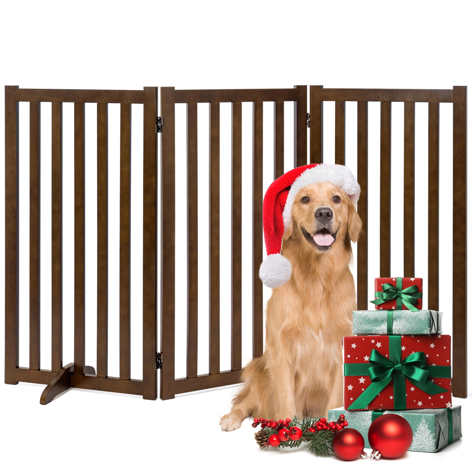 3 Panels 36" Freestanding Pet Gate, Solid Wood Folding Safety Fence ...