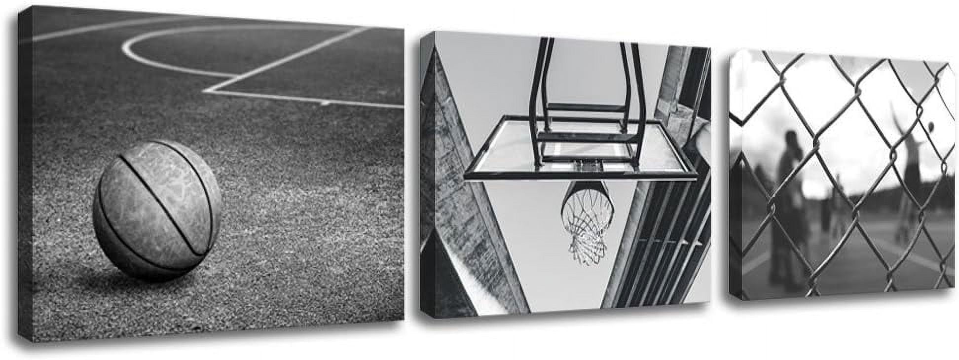 3 Panels Black and White Wall Art Antique Basketball and Low Angle View ...
