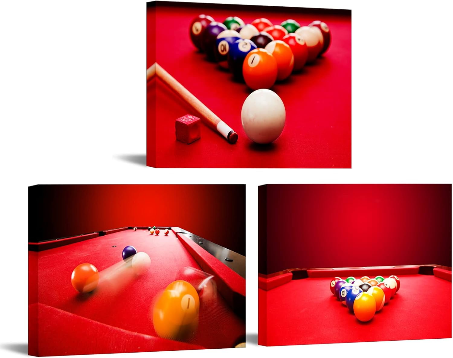 3 Panels Canvas Wall Art Billiard Balls in Red Table Paintings ...