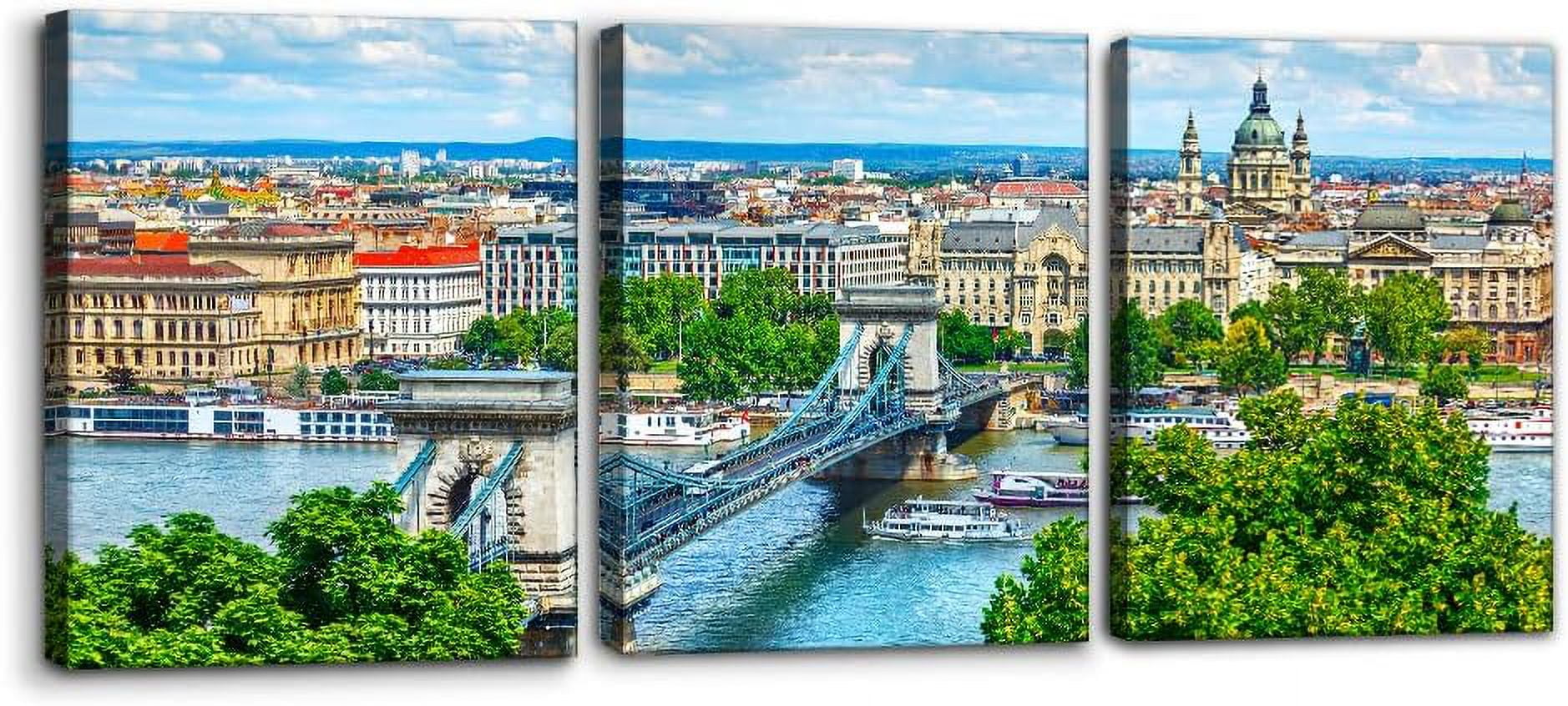 3 Panels Cityscape Canvas Wall Art - Chain Bridge on Danube River in ...