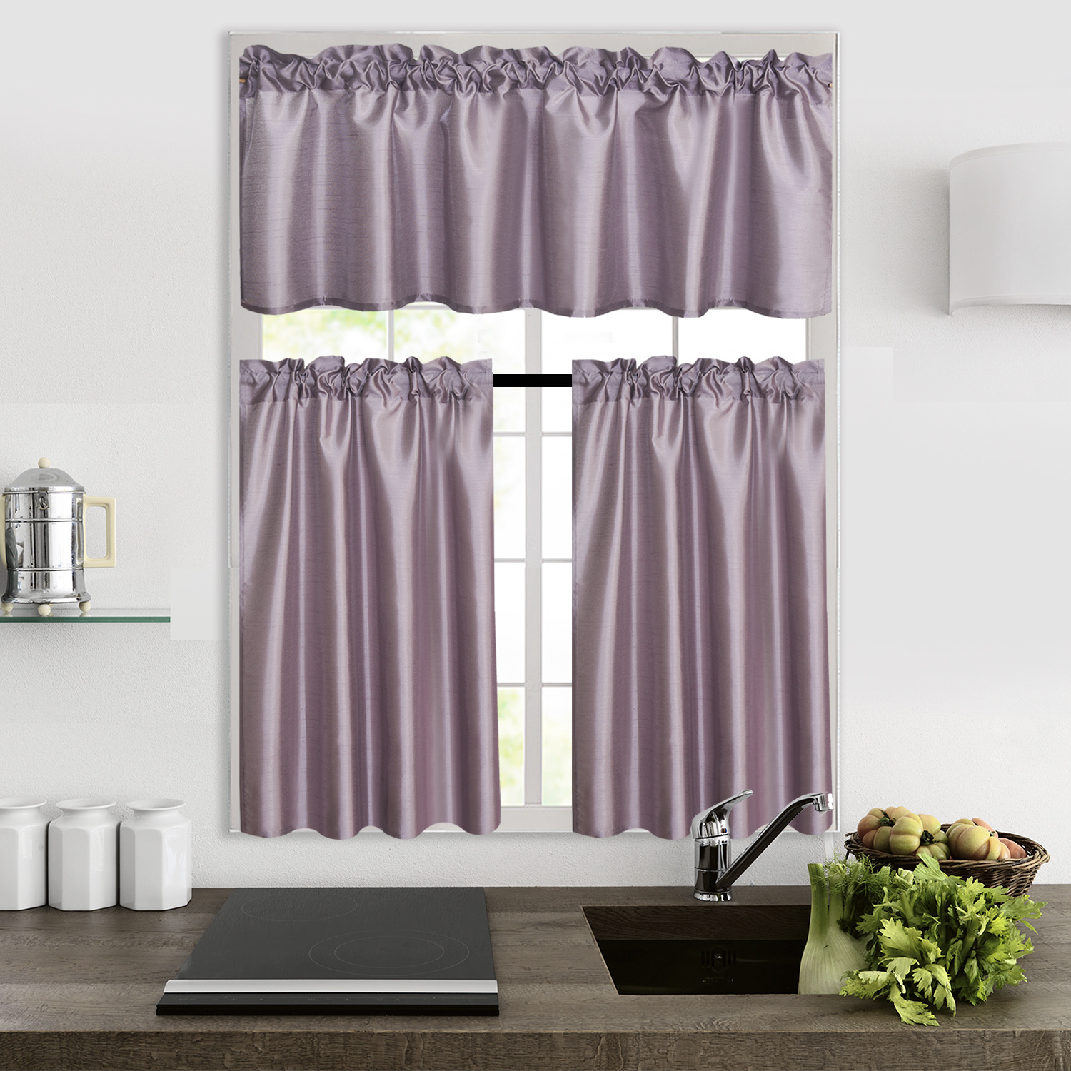 3 Panels Faux Silk Solid Color Sheer Kitchen Curtains Set Rod Pocket ...