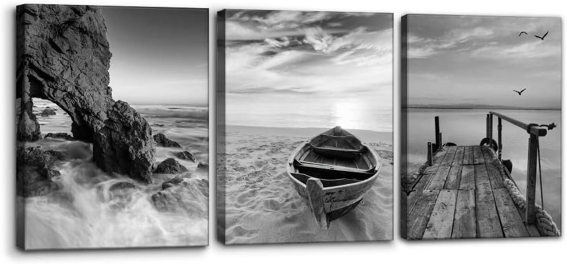3 Panels Set Framed Canvas Wall Art Print for Seascape Beach and Boat ...