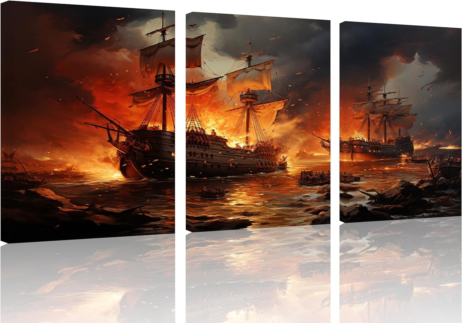 3 Panels Ship Naval Battle Wall Art Ship Canvas Wall Art Historical ...