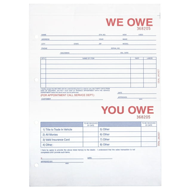 3-Part We Owe You Owe Form - 8 1/2"W x 11"H - Pack of 100 - Walmart.com