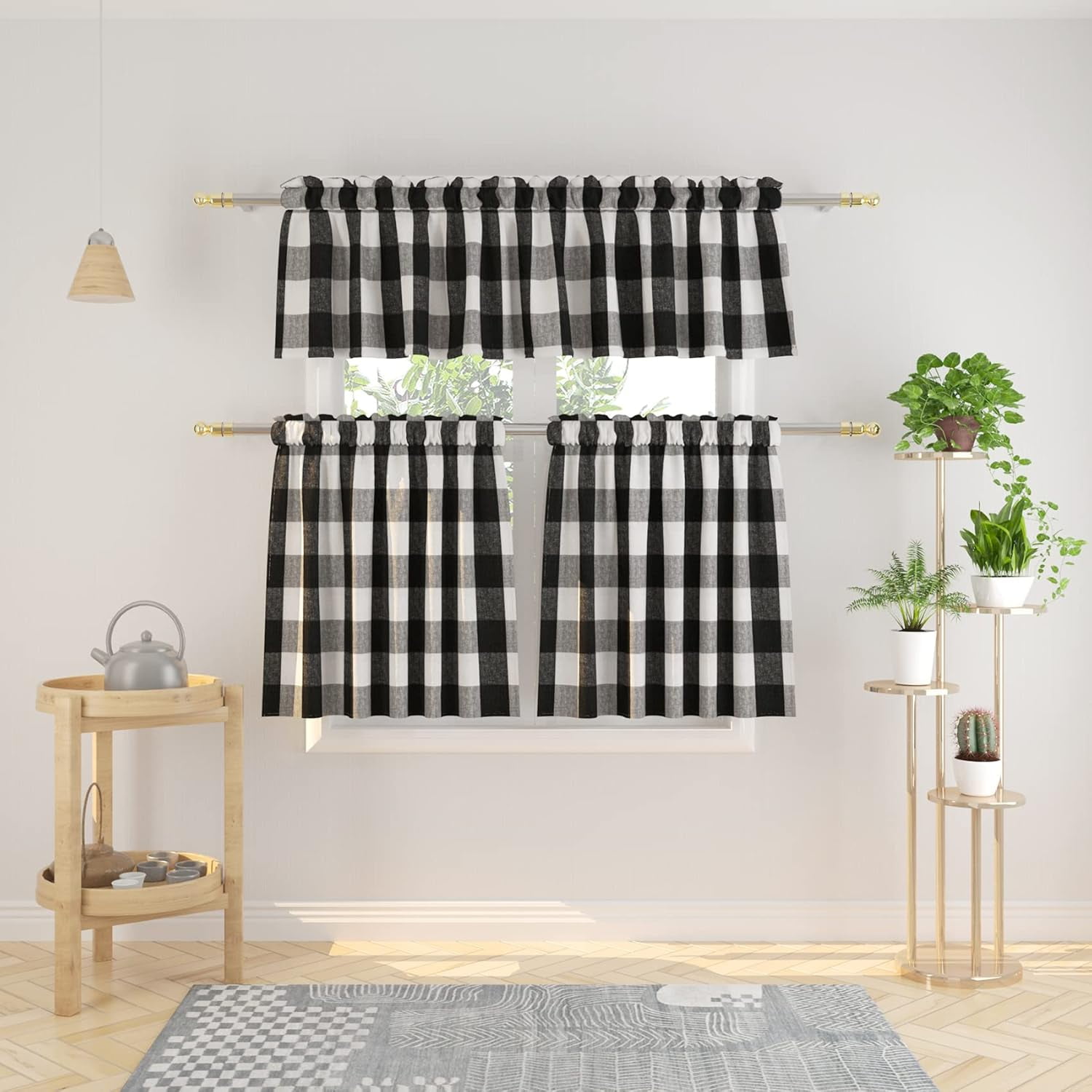 3 Pc Cotton Classic Country Farmhouse Kitchen Window Curtain -Black ...