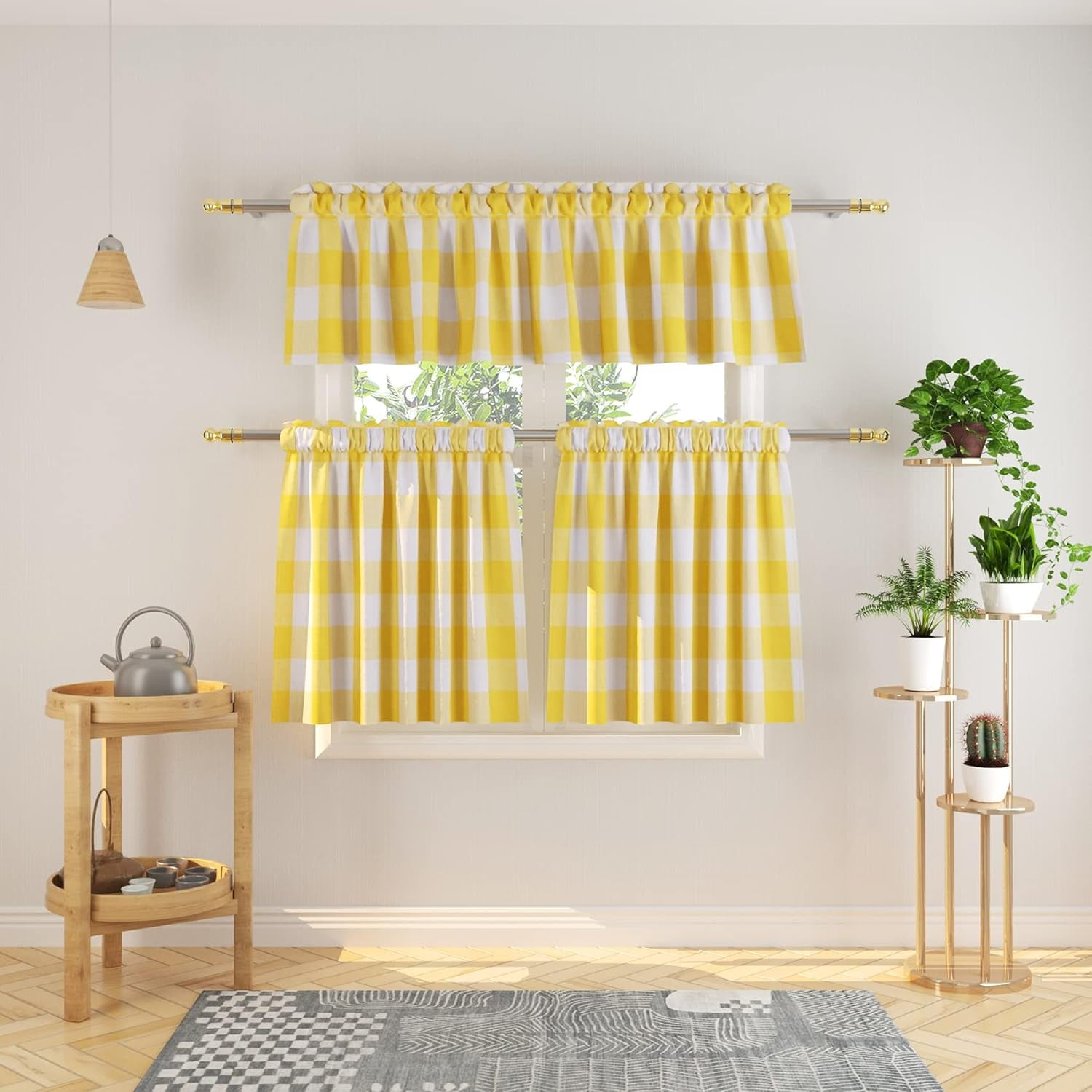 3 Pc Cotton Classic Country Farmhouse Kitchen Window Curtain -Yellow ...