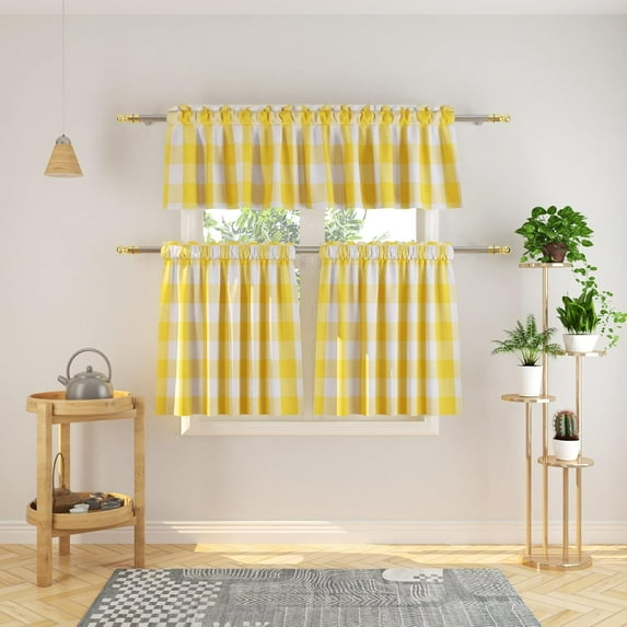 3 Pc Cotton Classic Country Farmhouse Kitchen Window Curtain -Yellow ...