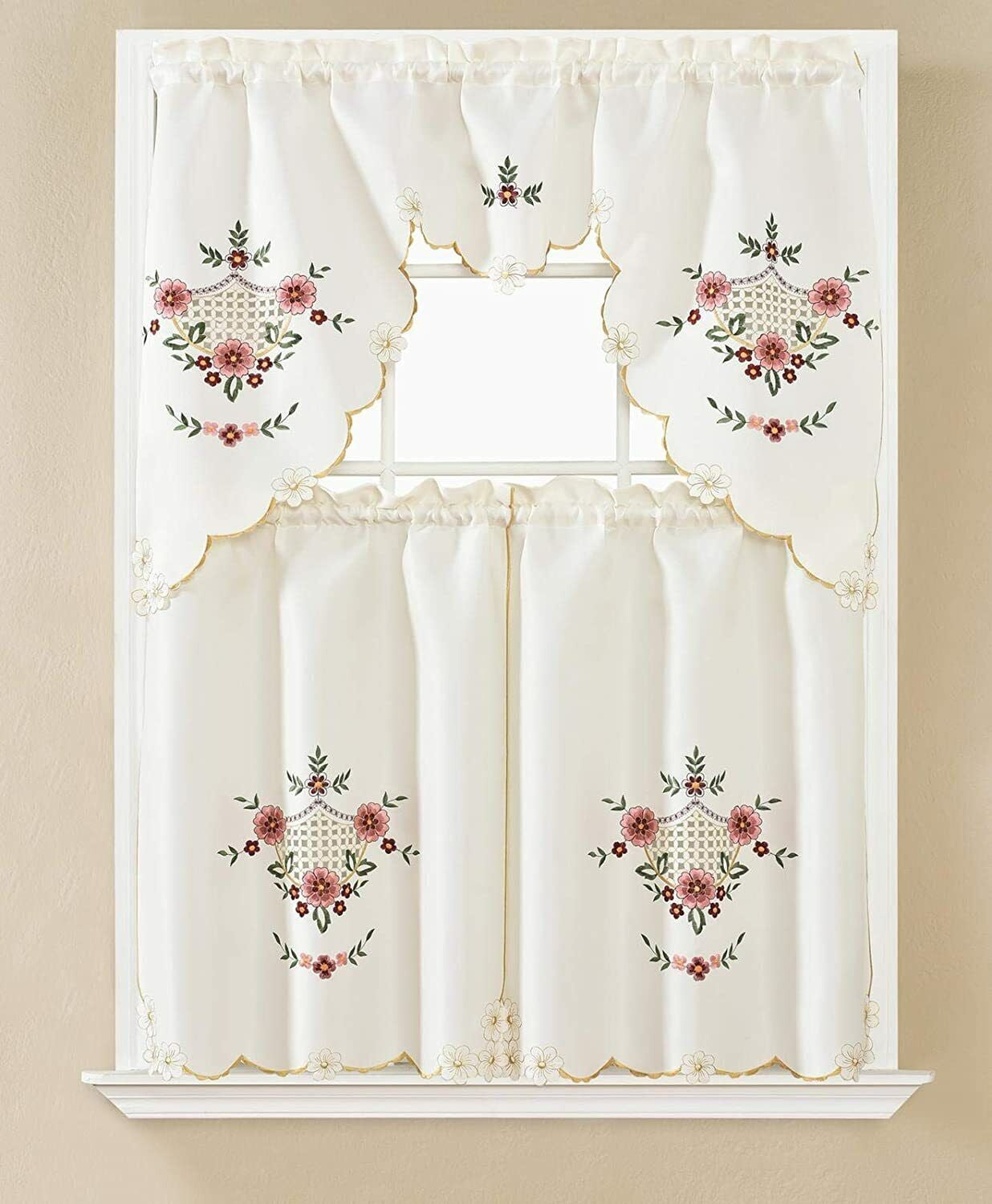 3-Pc Embroidered Rod Pocket Kitchen Curtain Window Tiers and Swag ...