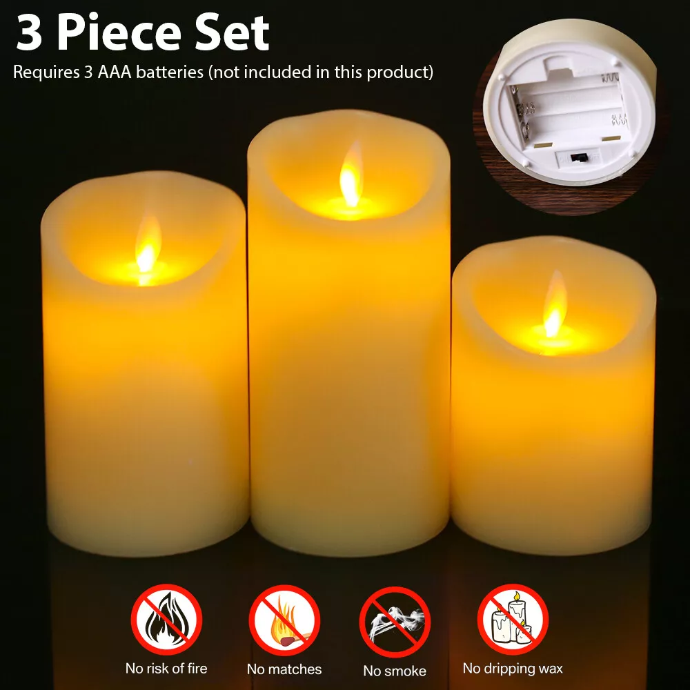 3 Pc Flameless Pillar Candle Flickering Moving Wick Led Candles Remote ...