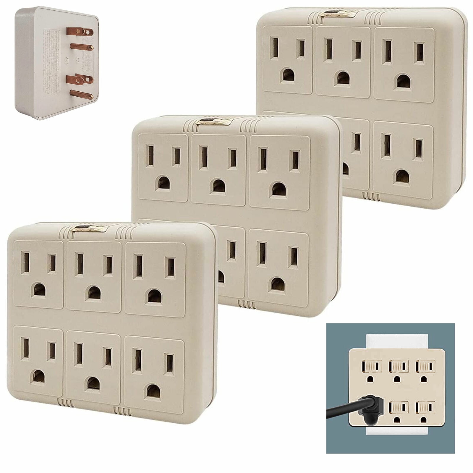 3 Pc Grounded Wall Outlet Tap AC 125V Power Adapter Electrical 6 Way ...