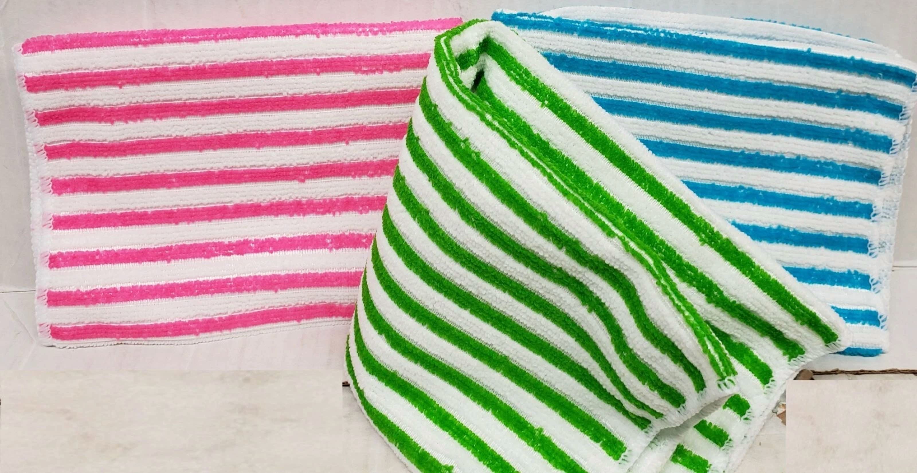 3 Pc Microfiber Kitchen Towels Set(15"X15")Tri-Color Stripes,Pink,Blue ...