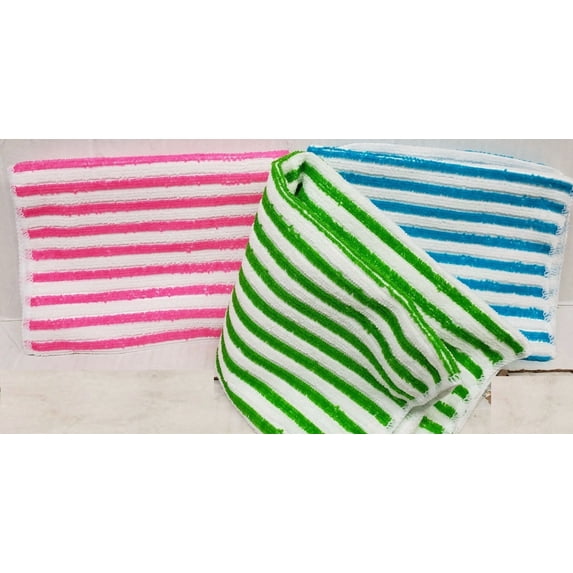 3 Pc Microfiber Kitchen Towels Set(15"X15")Tri-Color Stripes,Pink,Blue ...