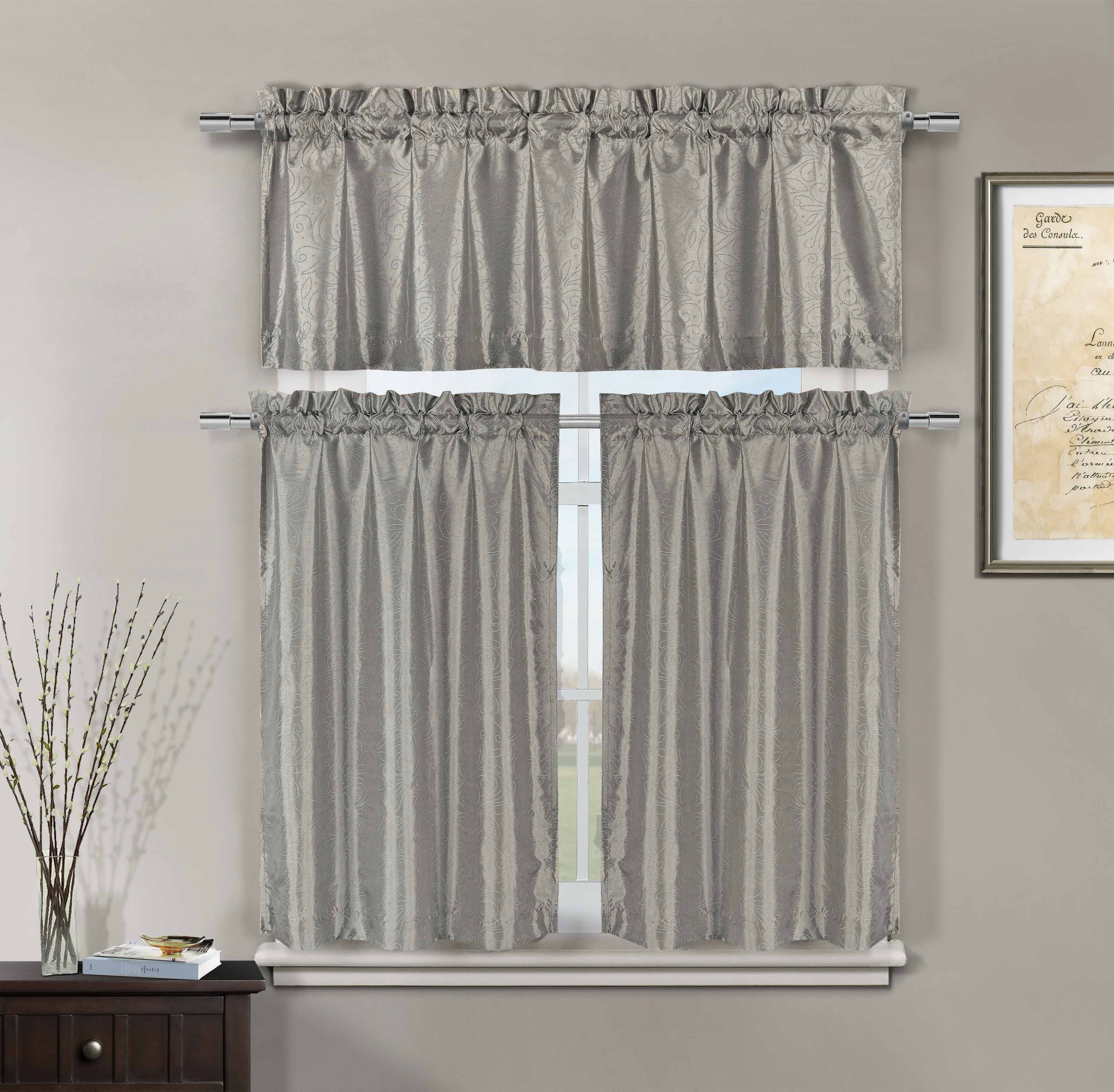 3 Pc Silver Taupe Kitchen Window Curtain Set: Faux Silk, Metallic ...