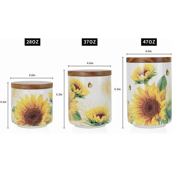 3-Pc Sunflower Ceramic Canisters with Bamboo Lids, Kitchen Counter ...