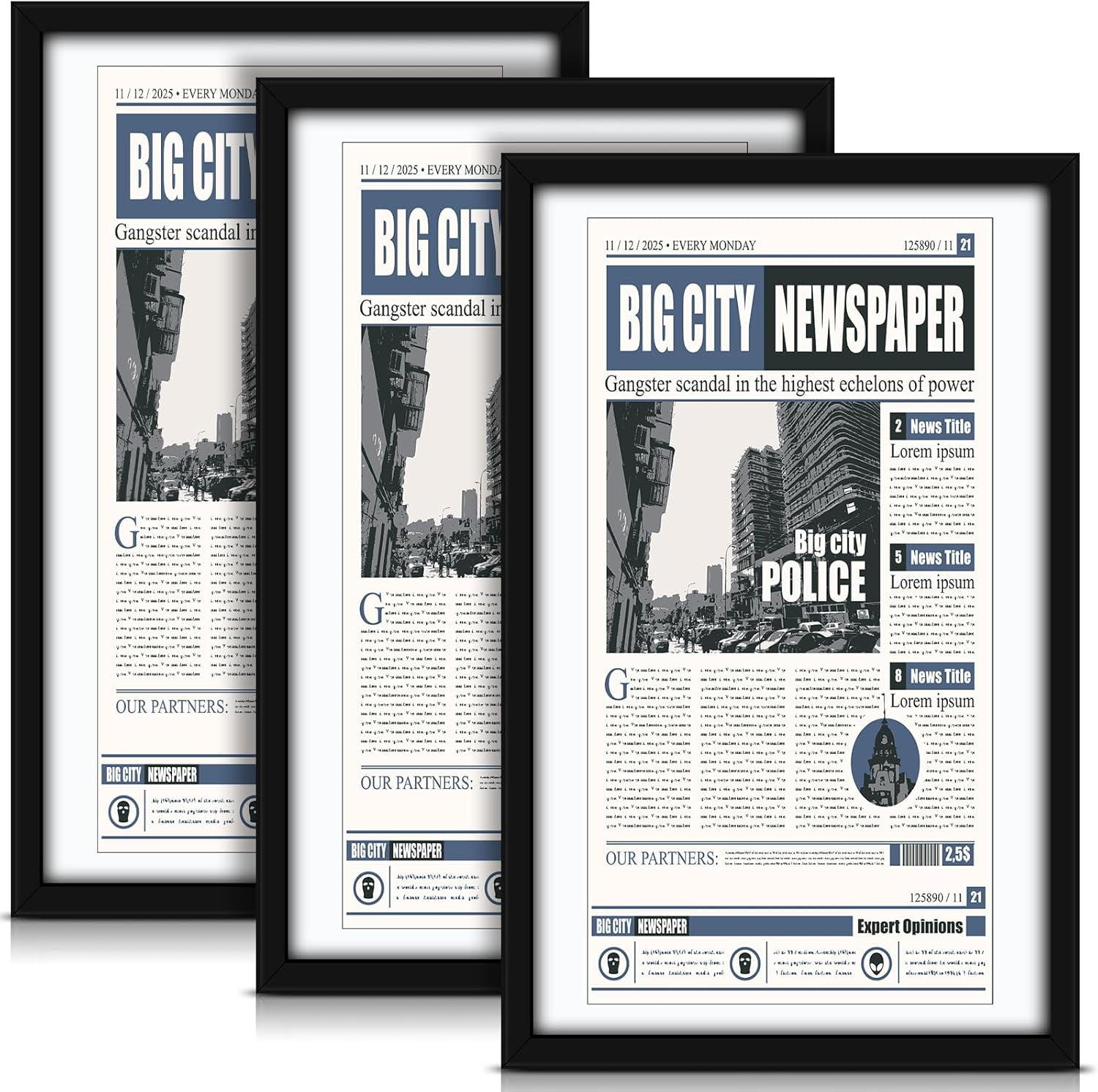3 Pcs 11x22 in Newspaper Frame with Mat Assorted Media Article Cover ...