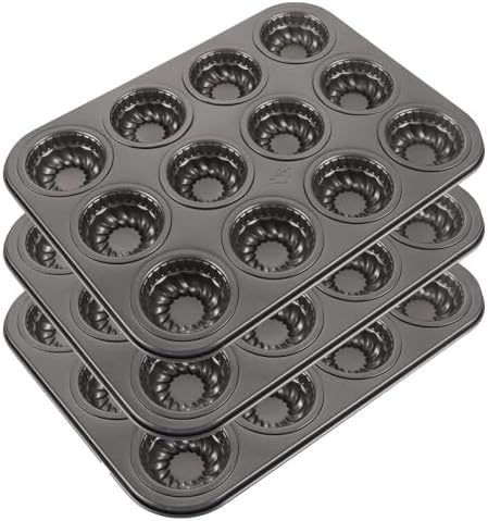 3 Pcs 12-Cavity Mini Bundt Cake Pan, Non-Stick Carbon Steel Mini Fluted ...