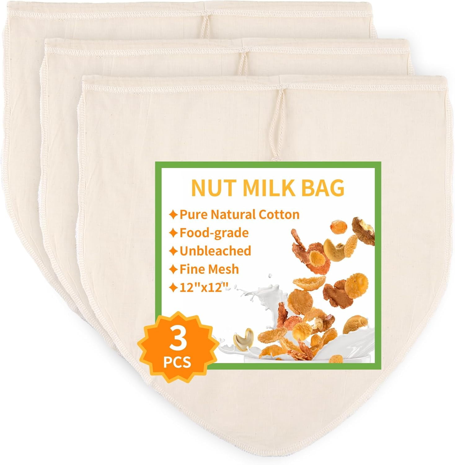 3 Pcs 12"x12" Nut Milk Bag, Natural Unbleache Cotton Cheese Cloth Bag ...