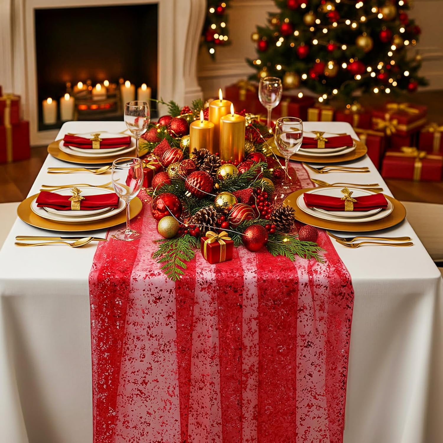 3 Pcs 120 Inch Red Gauze Table Runner Thick Christmas Glitter Metallic ...
