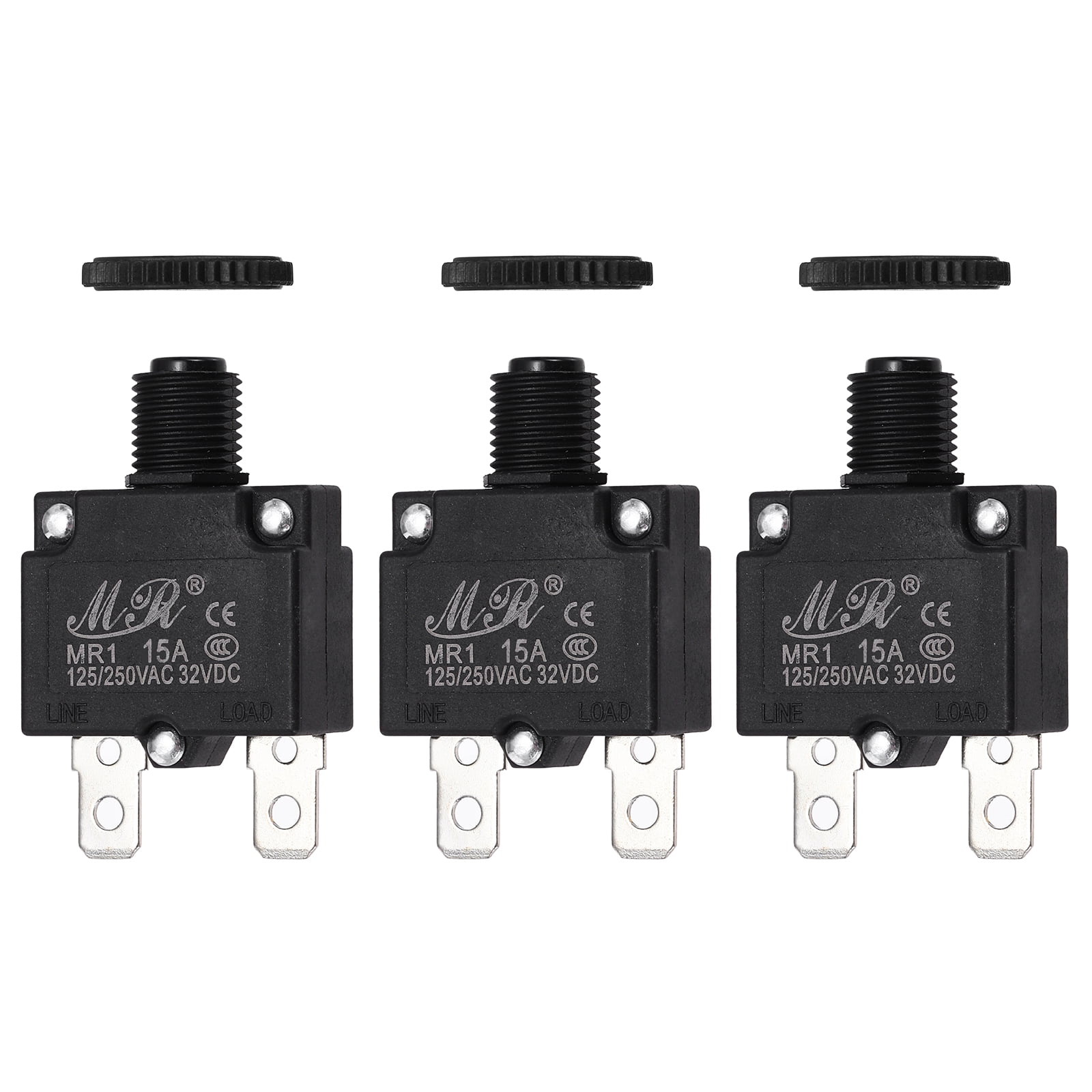 3 Pcs 15Amp 125/250V AC 32V DC Push Button Manual Reset Circuit Breaker ...