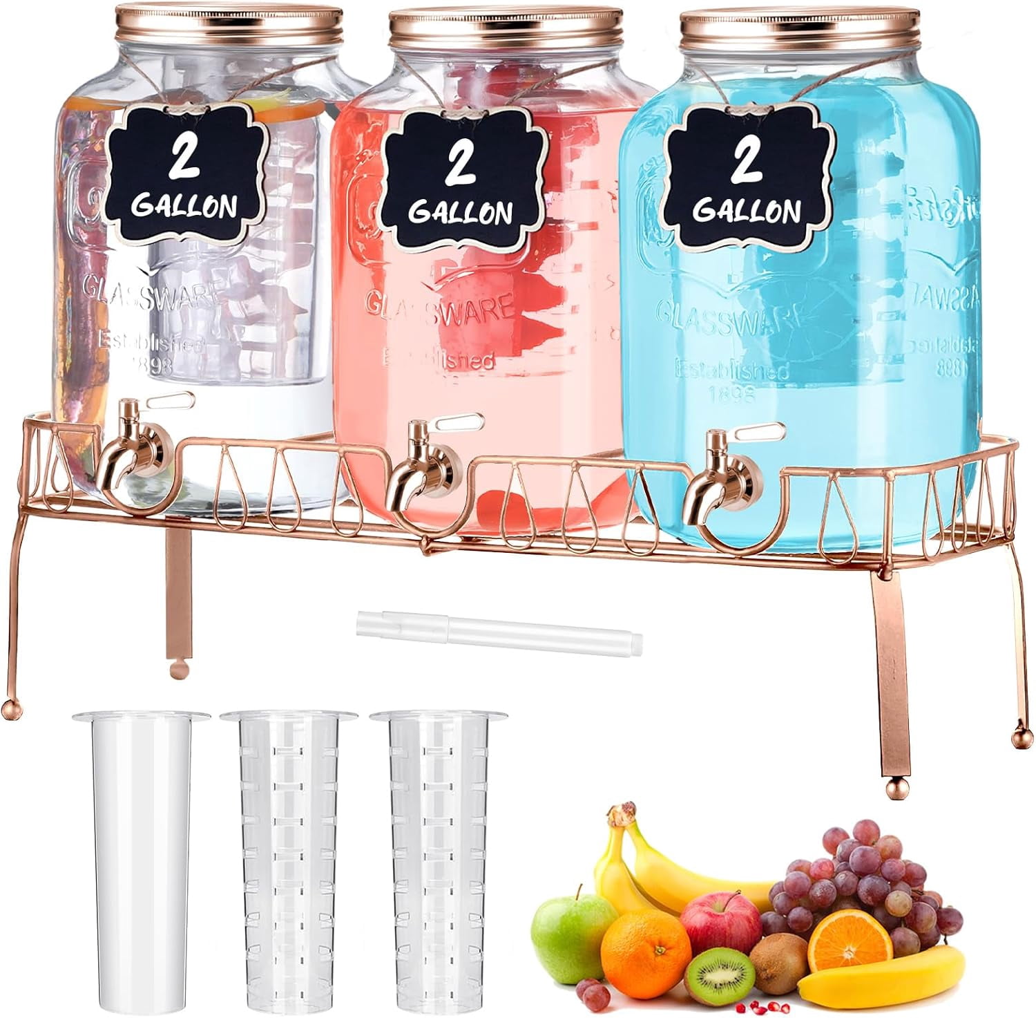 3 Pcs 2 Gallon Glass Drink Dispenser with Stand and Lid Mason Jar ...