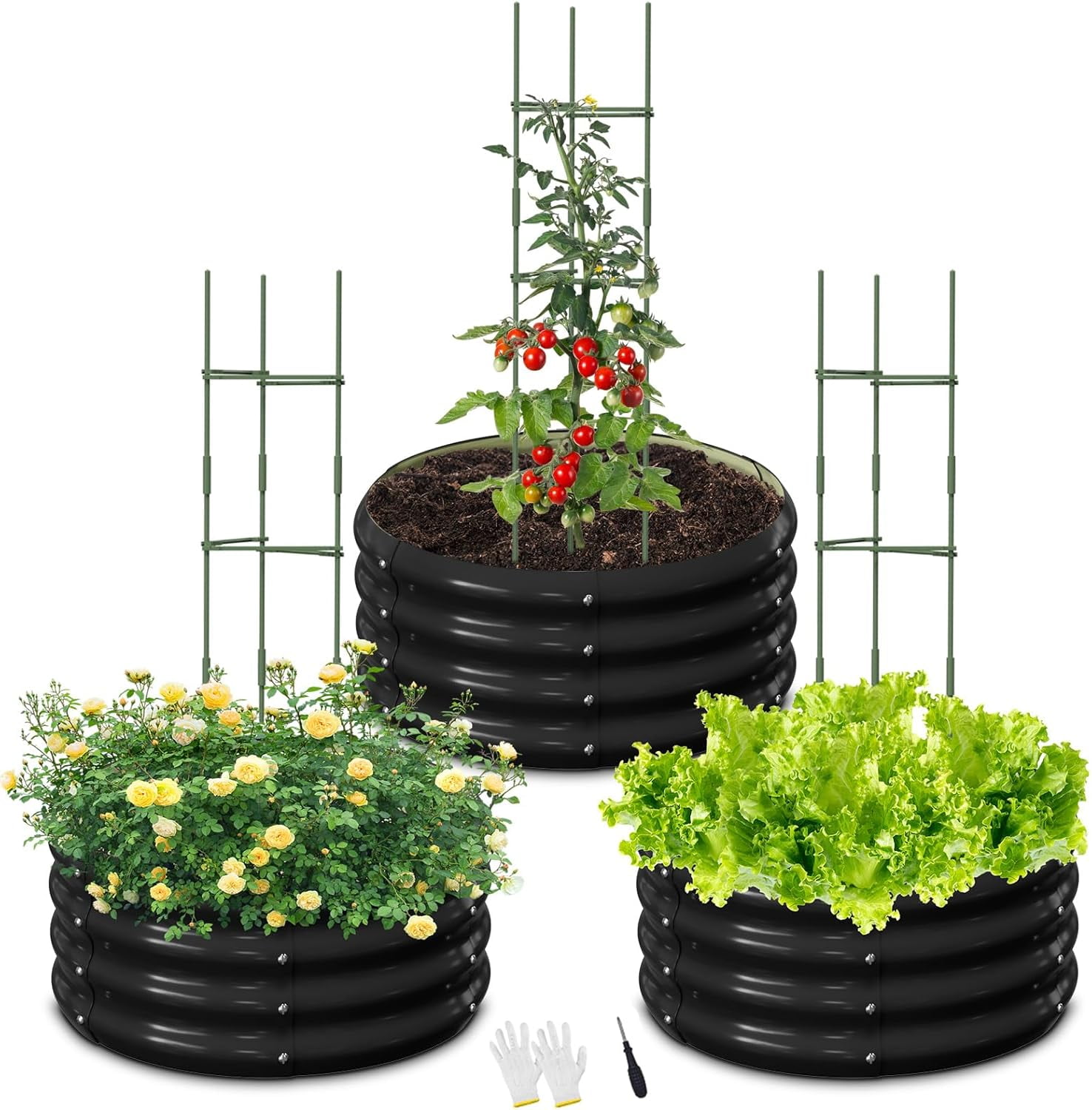 3 Pcs 2x2x1ft Round Galvanized Raised Garden Bed Kit with Tomato Cages ...