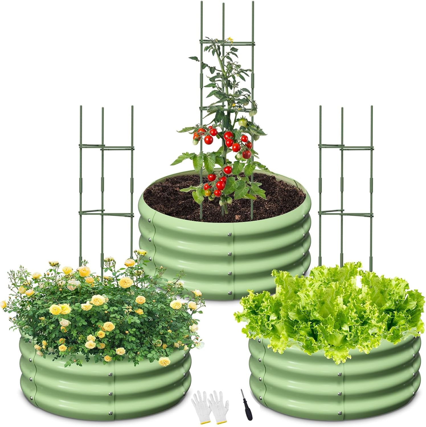 3 Pcs 2x2x1ft Round Galvanized Raised Garden Bed Kit with Tomato Cages ...