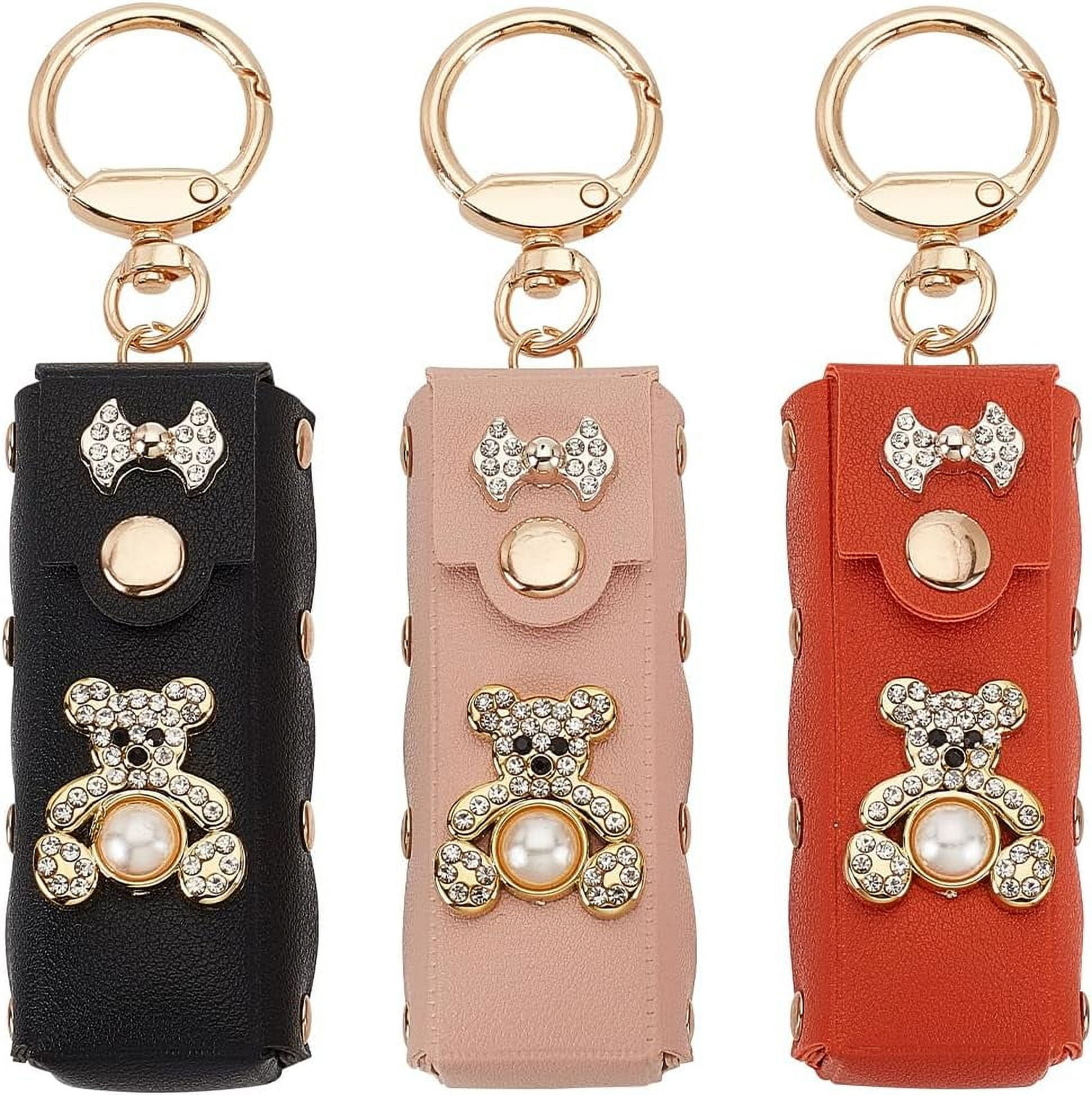3 Pcs 3 Colors Leather Lipstick Bag Keychains Bear Chapstick Holder Key ...
