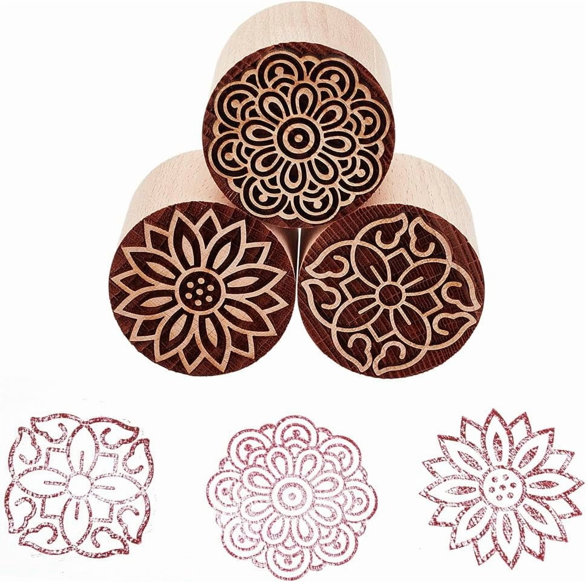 3 Pcs 3-Style Wood Stamp Flower Shape Wood Pottery Tools Stamps 2 Inch ...