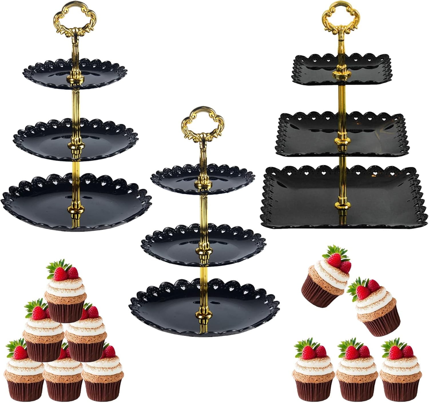 Xugoox 3 Pcs 3 tier Cupcake Display Tower, Dessert Tray Stand, 2 Round ...