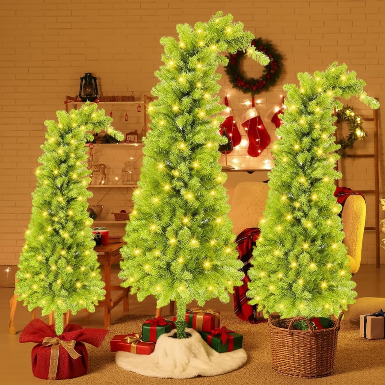 3 Pcs 3ft 4ft 5ft Whimsical Christmas Tree Pre-lit Bendable Artificial ...