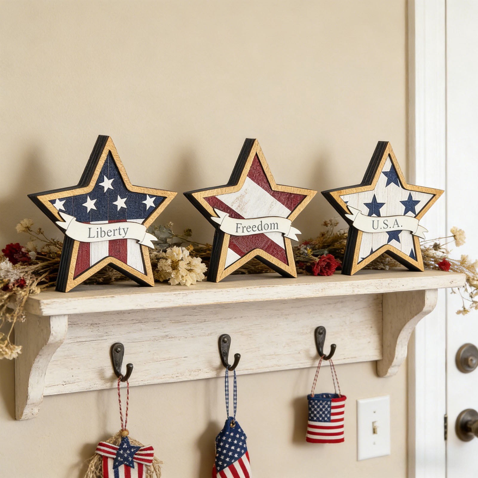 3 Pcs 4th of July Decor Wooden Star White Blue Red Decor Patriotic ...