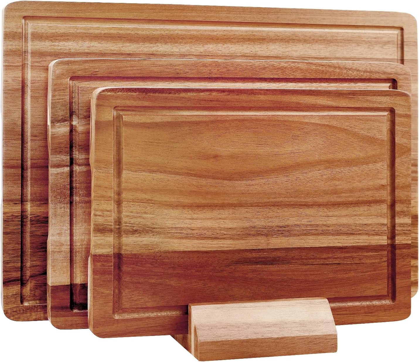 3 Pcs Acacia Wood Cutting Board Set with Holder Stand Meat Chopping ...
