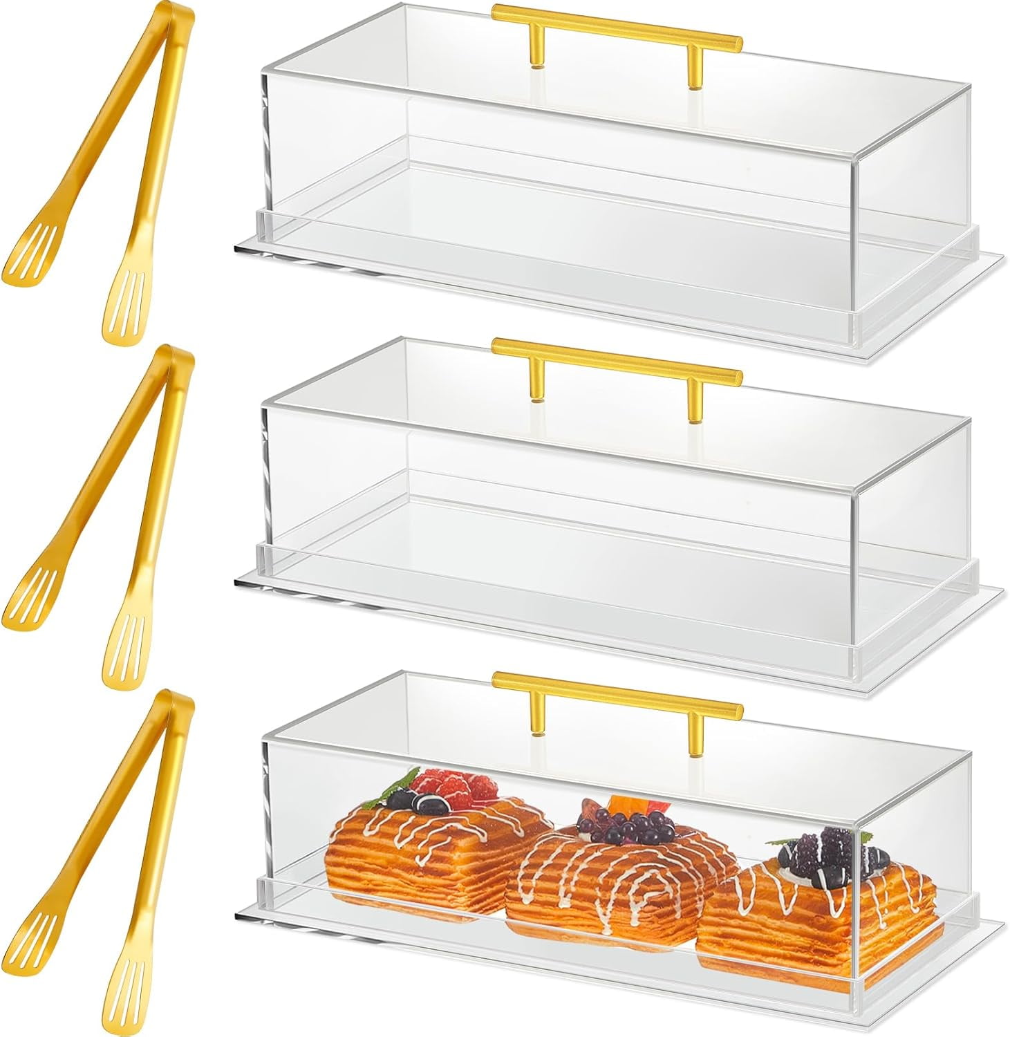 3 Pcs Acrylic Bakery Pastry Display Case with 9'' Serving Tong 14"x6"x4 ...