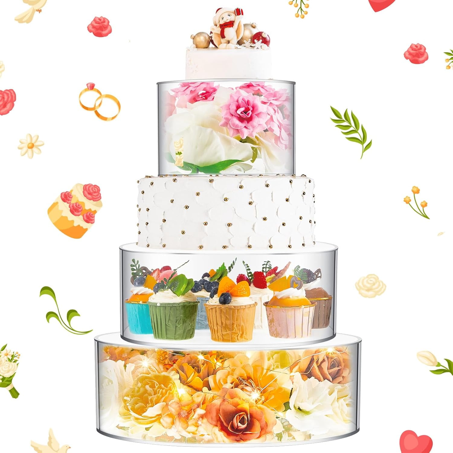 3 Pcs Acrylic Cake Stand with LED Lights 10'', 12'', 14'' Clear ...