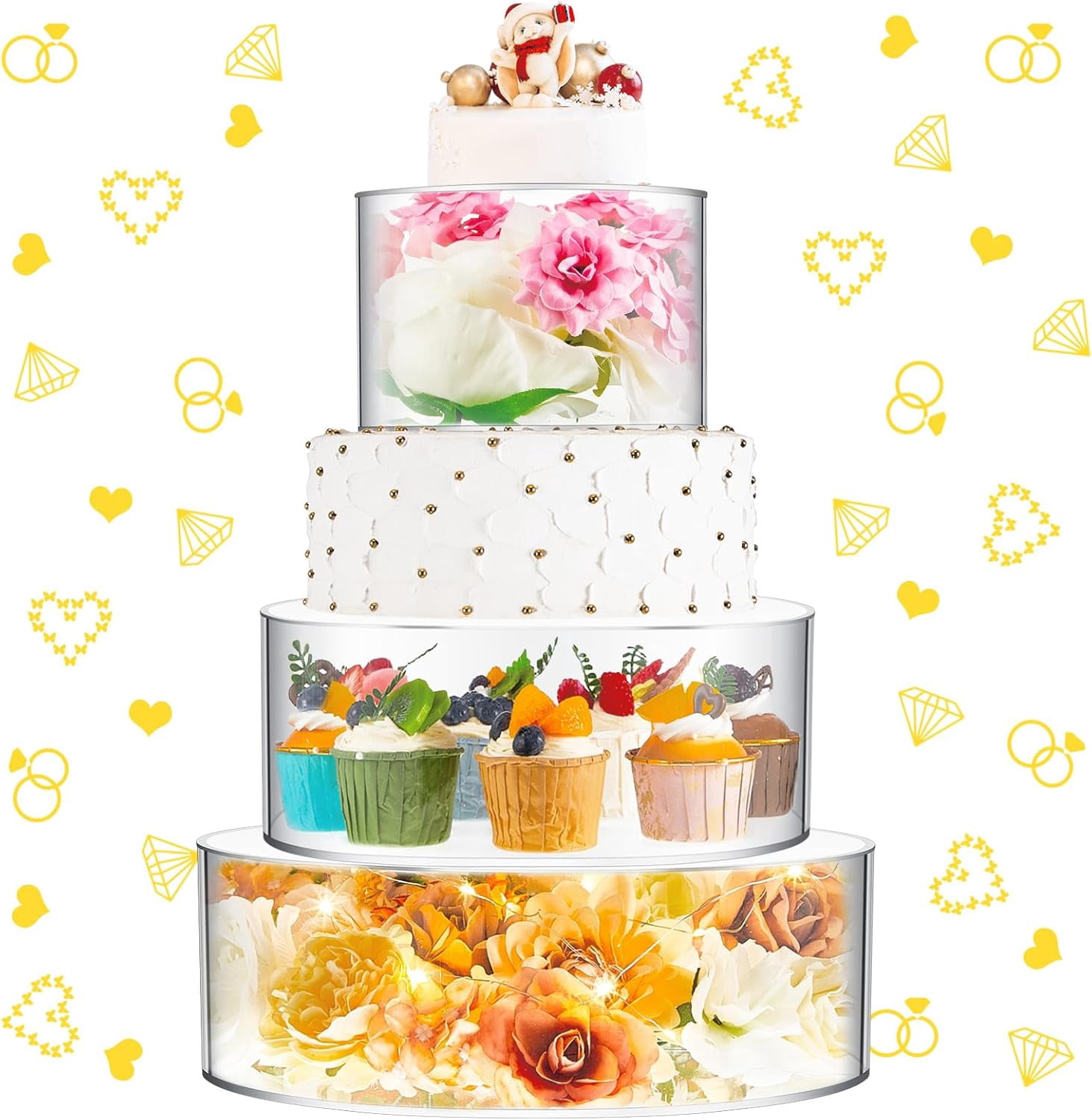 3 Pcs Acrylic Cake Stand with LED Lights 12‘’, 14‘’, 16‘’ Clear ...