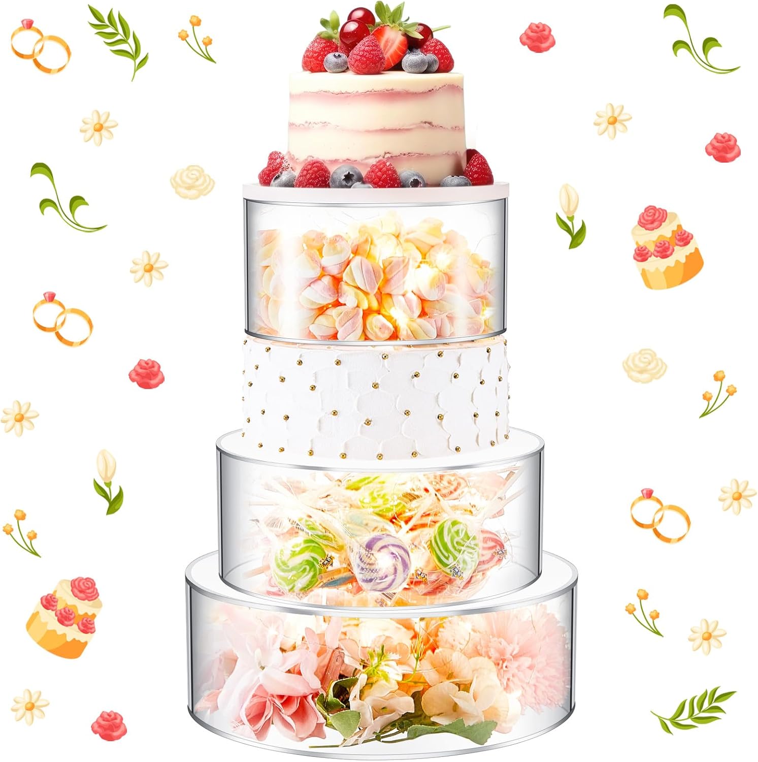 3 Pcs Acrylic Cake Stand with LED Lights 9‘’, 11‘’, 13‘’ Clear Fillable ...