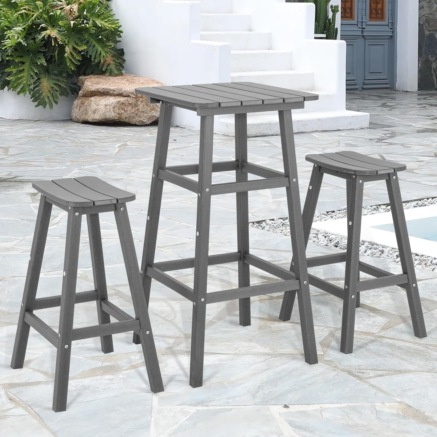 3 Pcs Adirondack Outdoor Bar Table and Chairs Set, Round Bar Height ...