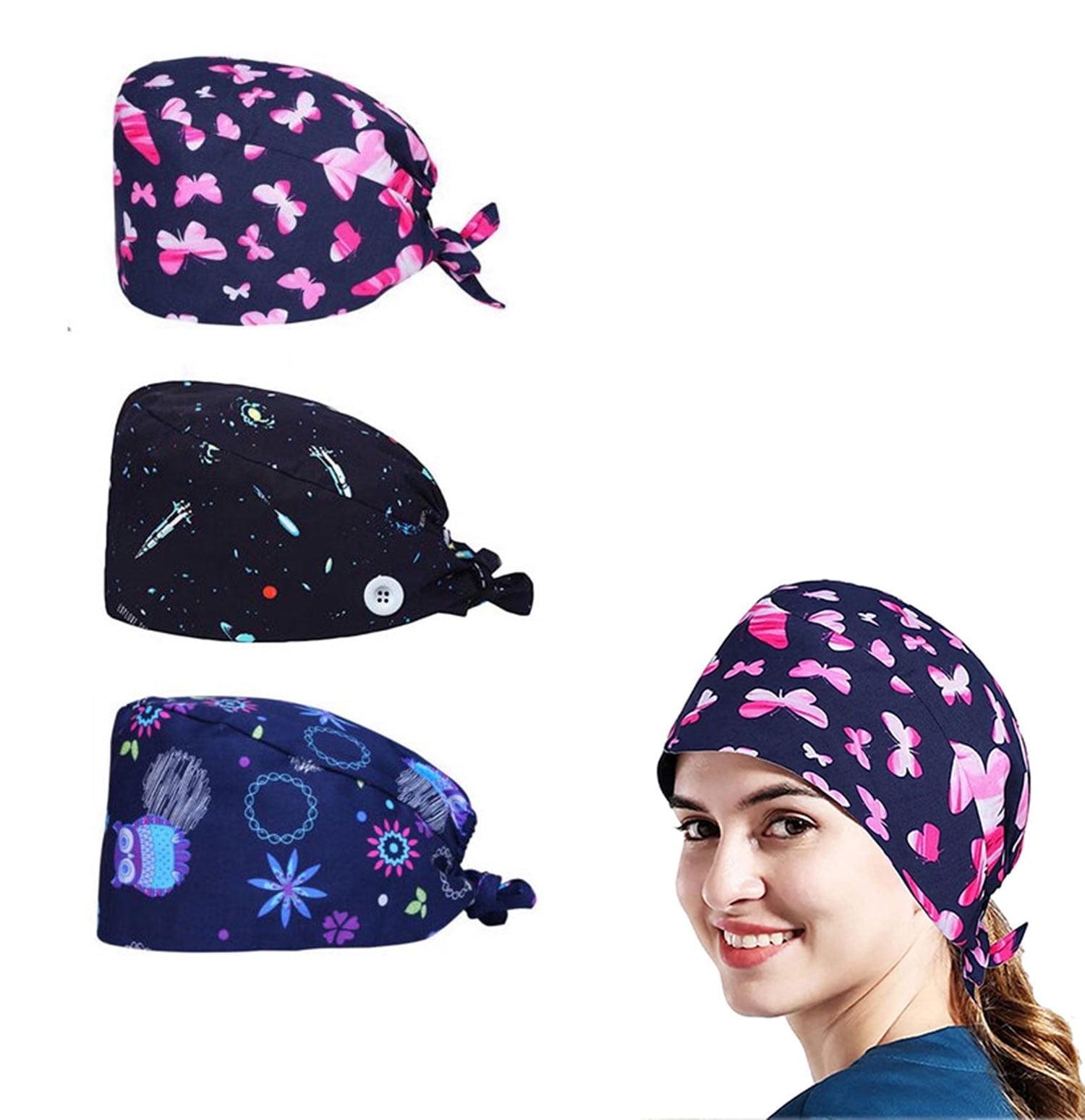3 Pcs Adjustable One Size Printed Surgical Cap - Nurse Hat with Buttons ...