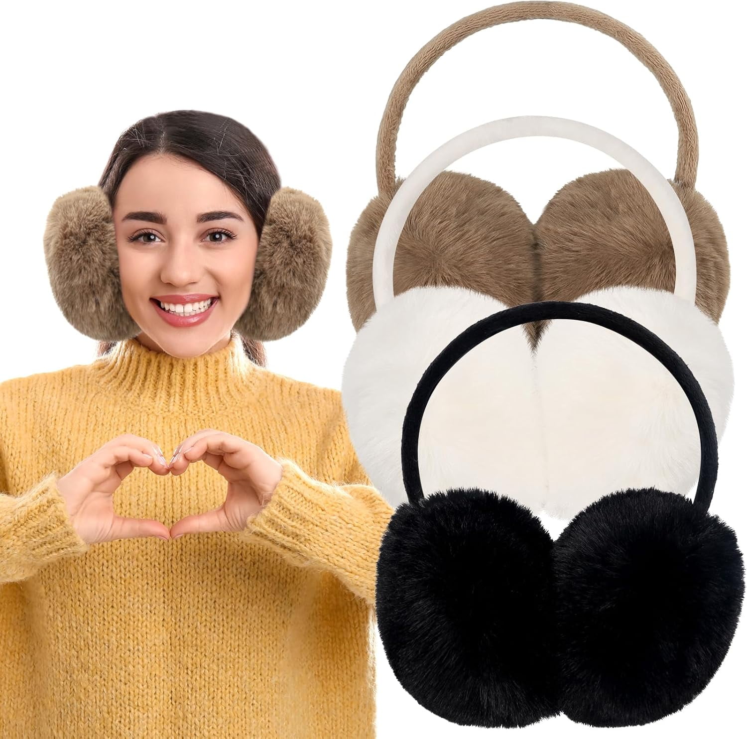 3 PCS Adjustable Winter Ear Muffs Faux Fur Warmers Cute Fuzzy Earmuffs ...