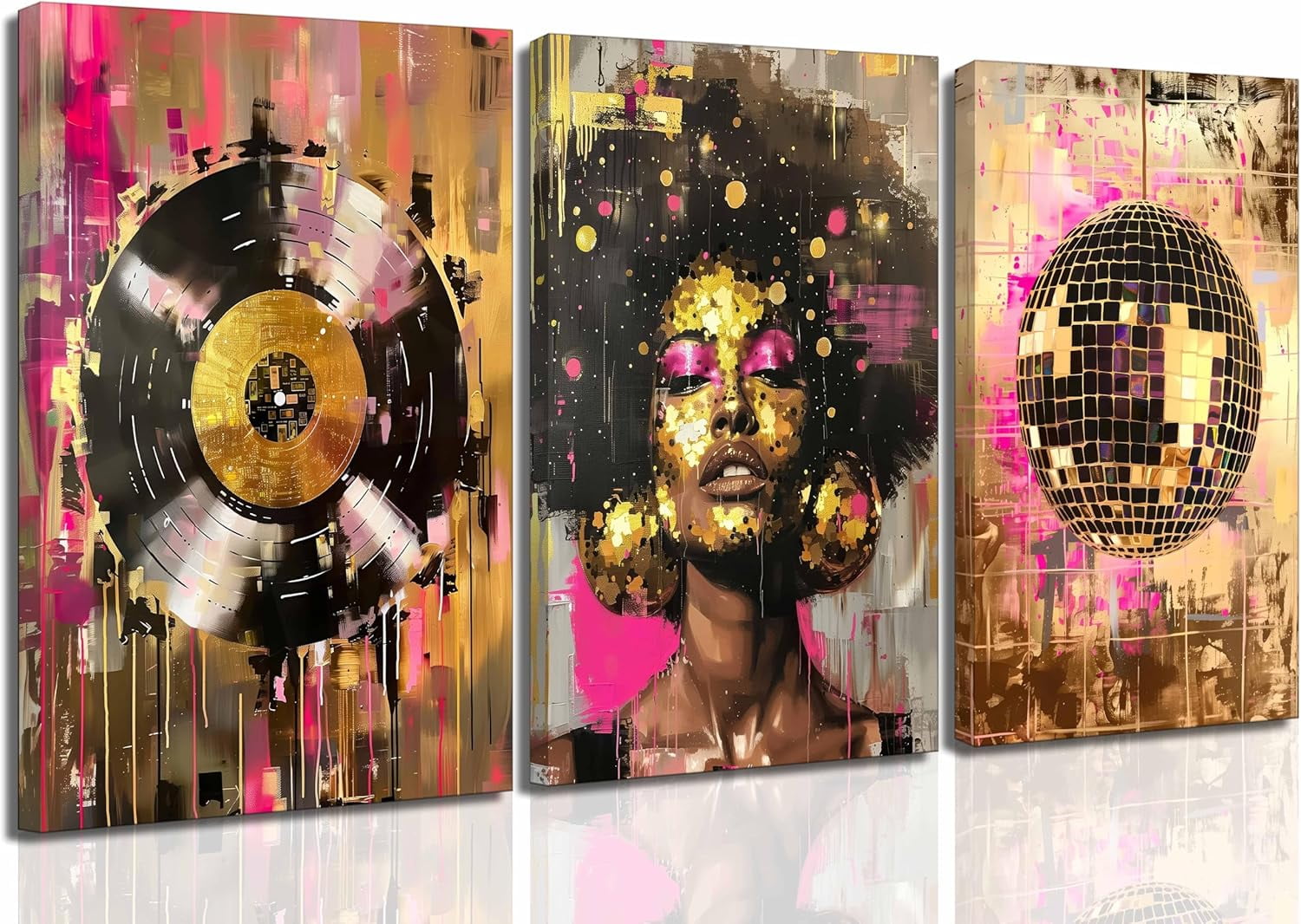 3 Pcs African American Canvas Wall Art Gold Pink Disco Ball Vintage ...