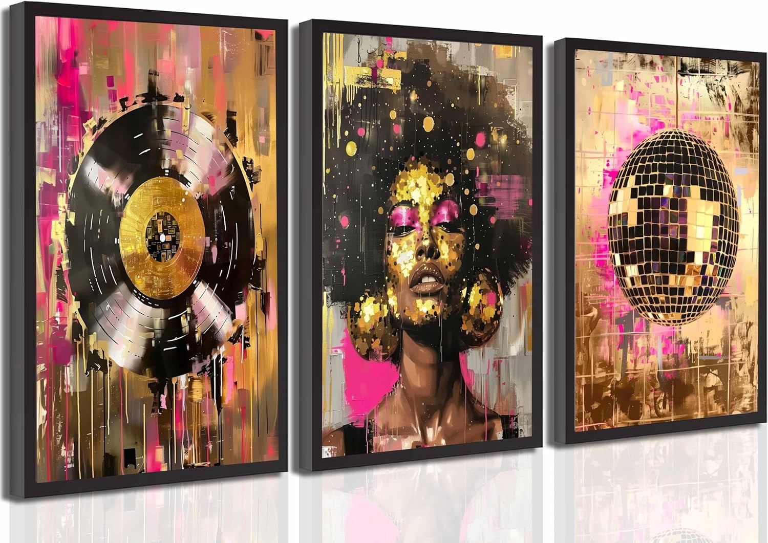 3 Pcs African American Canvas Wall Art Gold Pink Disco Ball Vintage ...